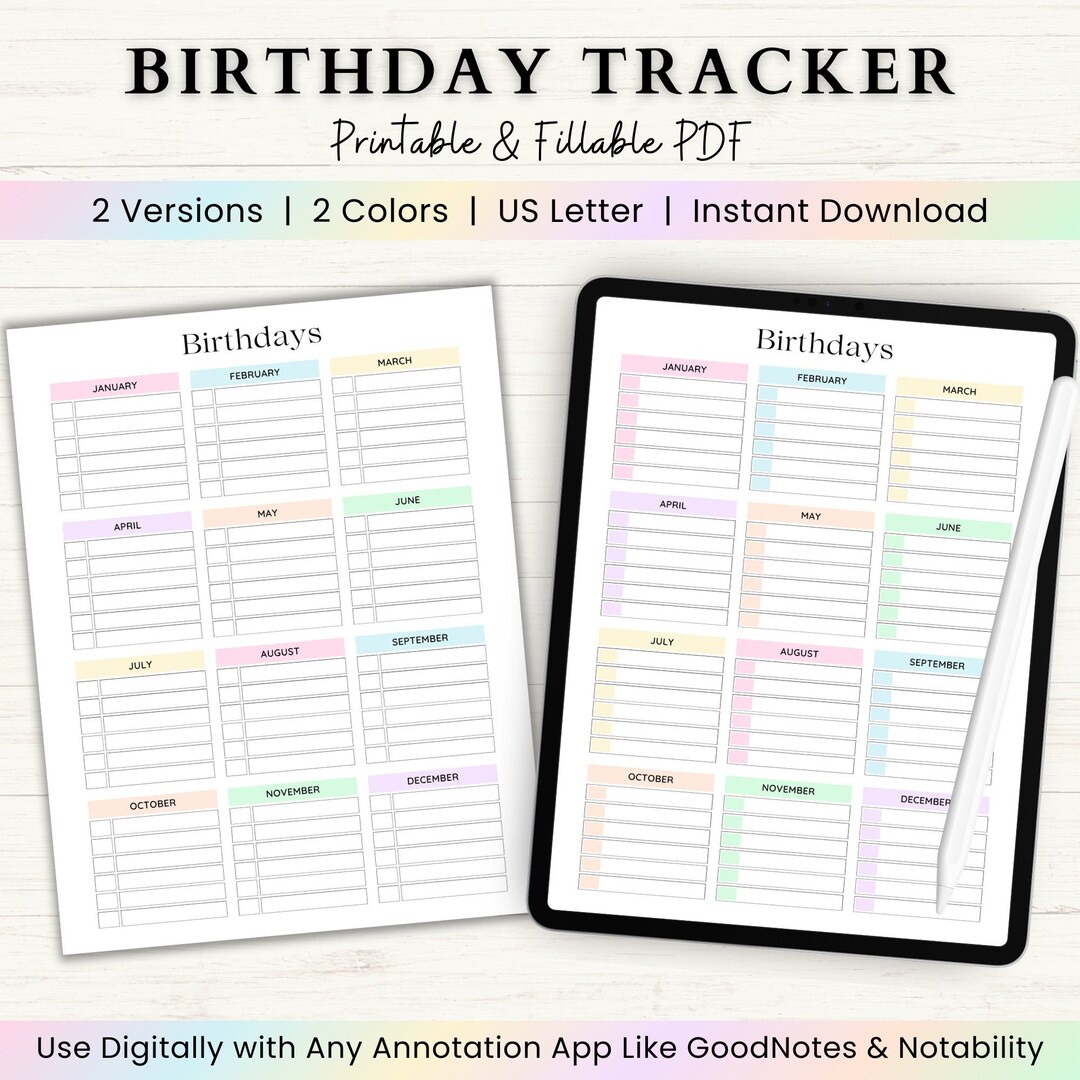 Birthday Calendar Template Printable | Birthday Planner | Fillable ...
