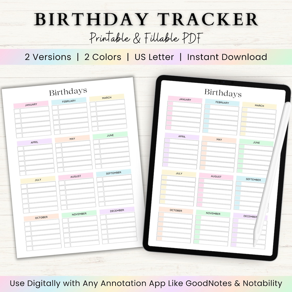 Birthday Calendar Template Printable Birthday Planner Fillable Birthday ...