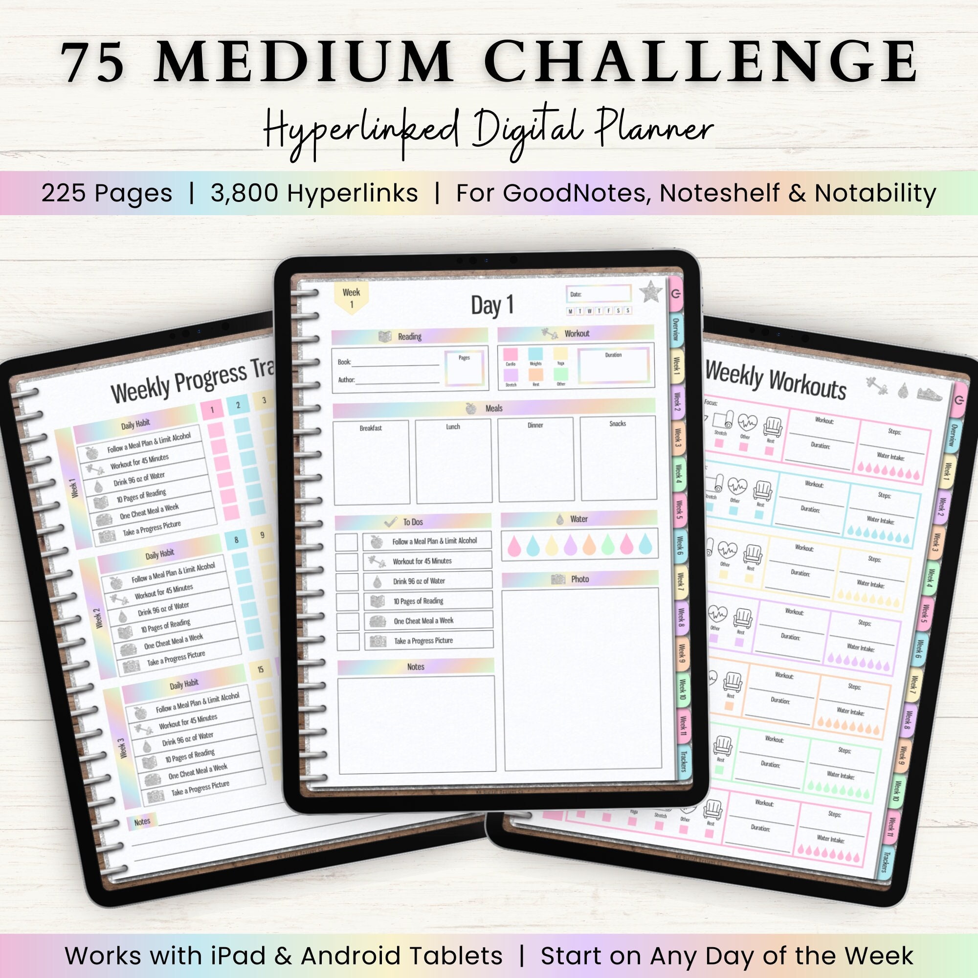 75 Medium Challenge Digital Hyperlinked Planner Weight Loss Tracker ...