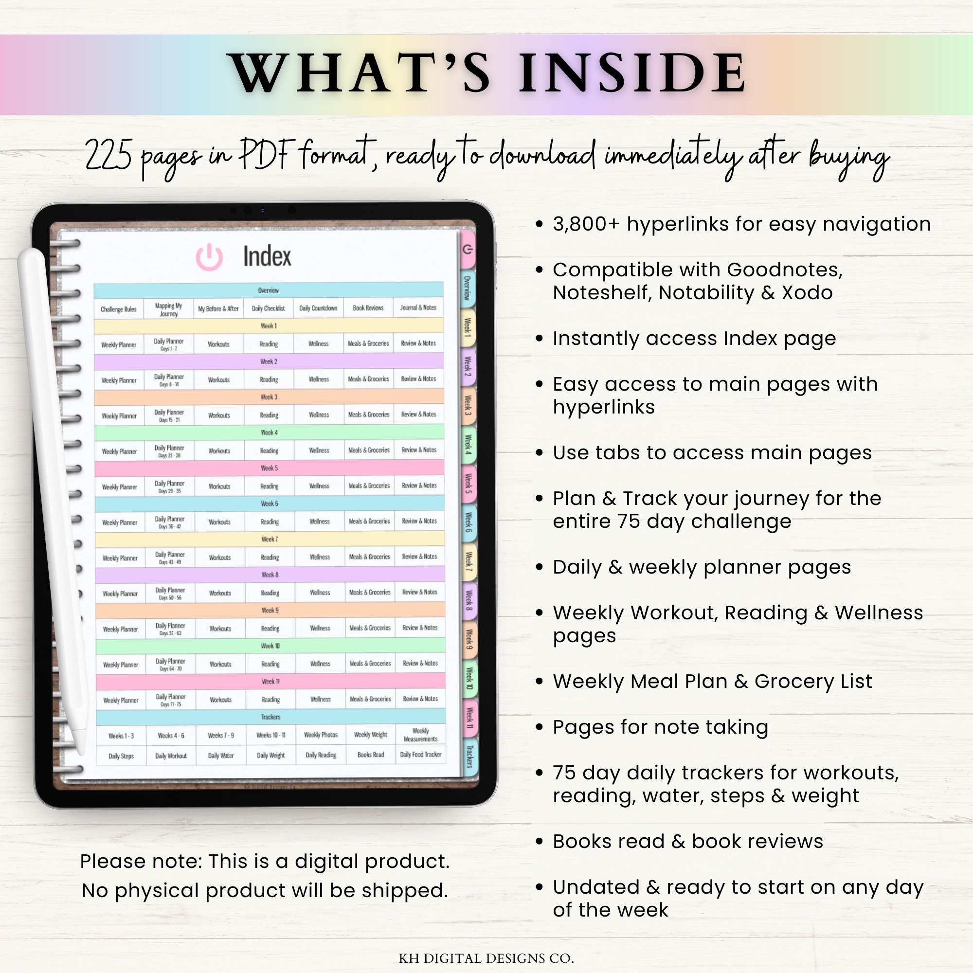 75 Medium Challenge Digital Hyperlinked Planner Weight Loss Tracker ...
