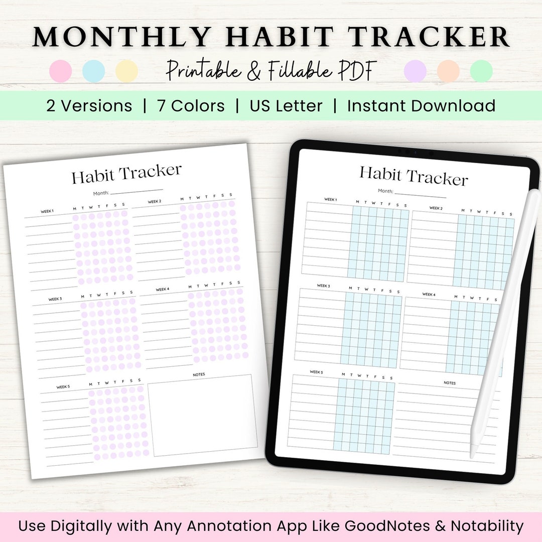 Monthly Habit Tracker Printable Vertical | Fillable Weekly Habit ...