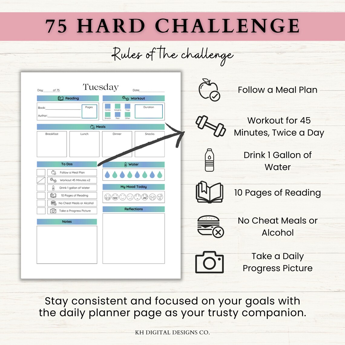 75 Hard Challenge Printable Workout Plan 75 Hard Tracker 75 Day ...