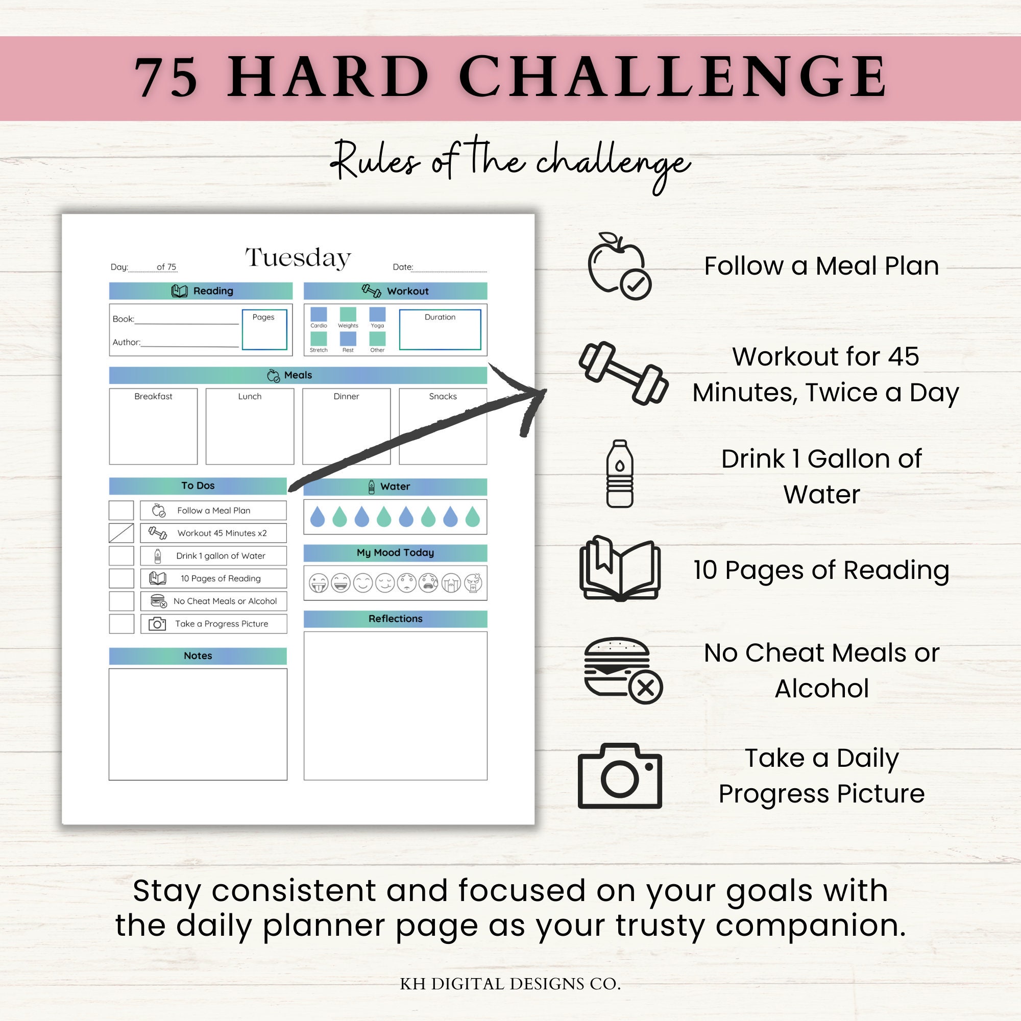 75 Hard Challenge Printable Workout Plan 75 Hard Tracker 75 Day ...