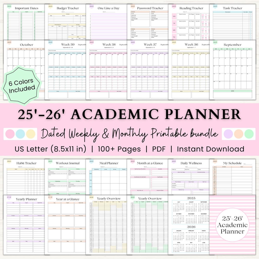2025-2026 Academic Planner | Weekly Dated Planner | Academic Calendar ...