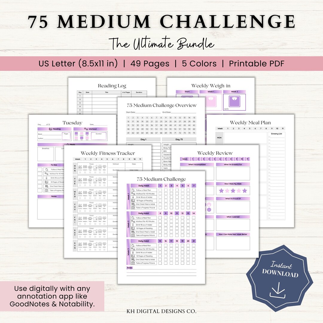 75 Medium Challenge Printable Workout Plan 75 Medium Tracker 75 Day ...