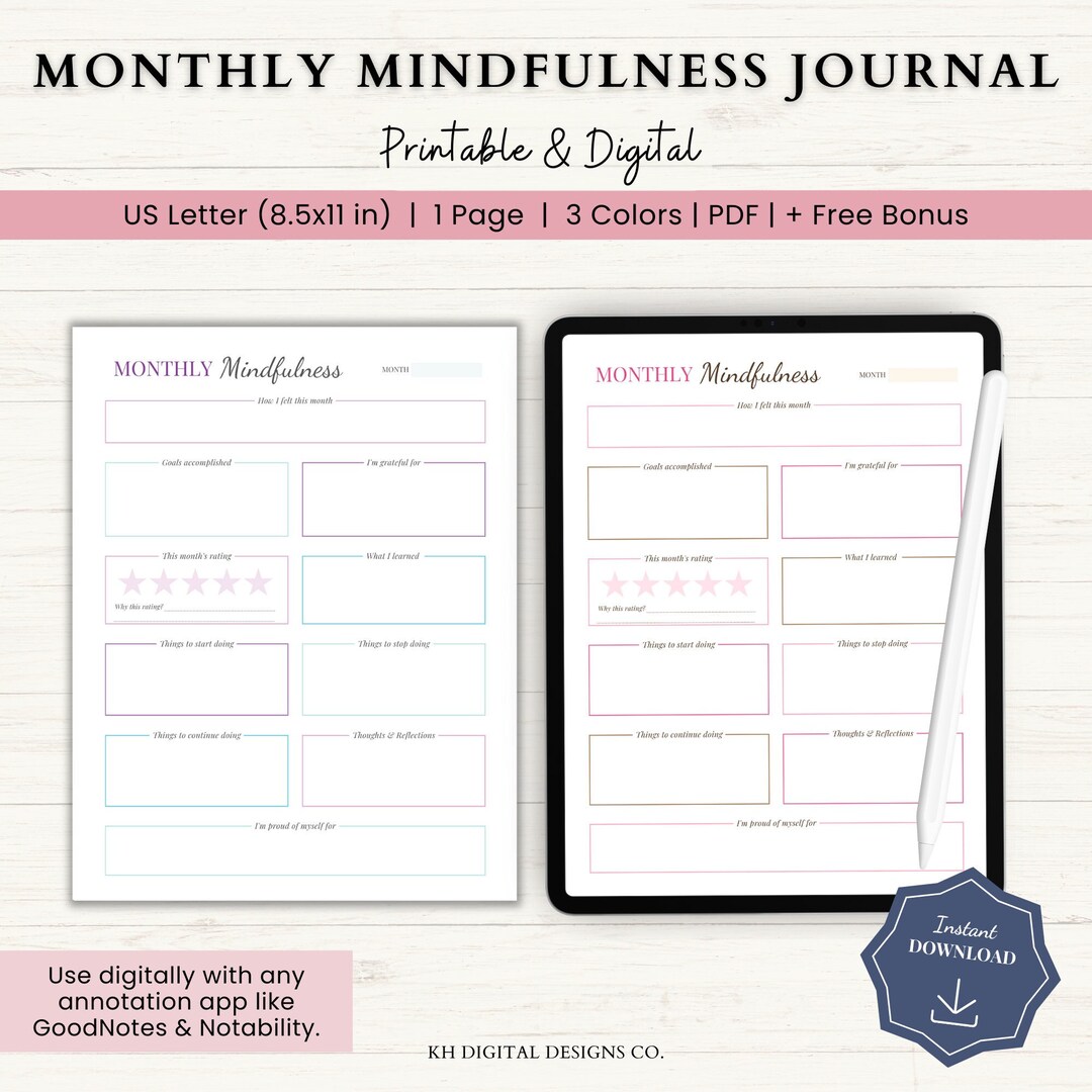 Monthly Mindfulness Journal Printable Page Wellness Journal Mindfulness ...