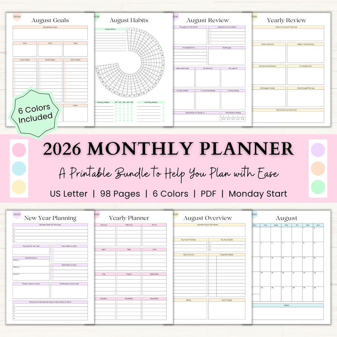 2026 Monthly Planner Printable: Month at a Glance, Adhd-friendly Habit ...