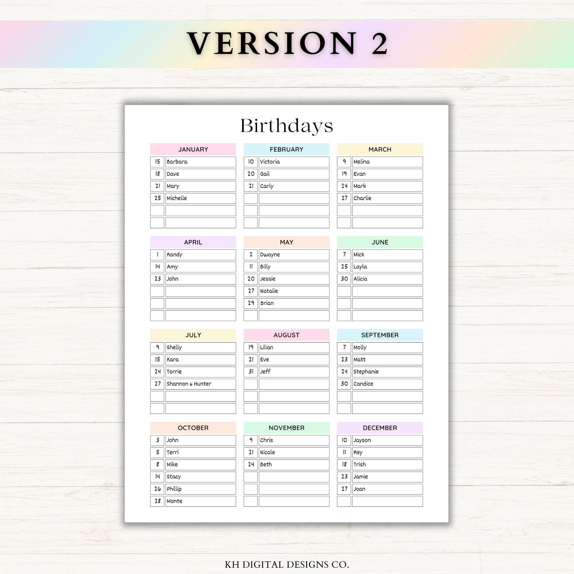Birthday Calendar Template Printable | Birthday Planner | Fillable ...