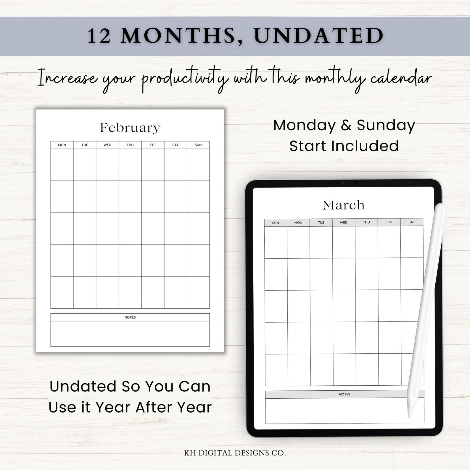 Editable Undated Monthly Calendar | One Page Perpetual Calendar | 12 ...