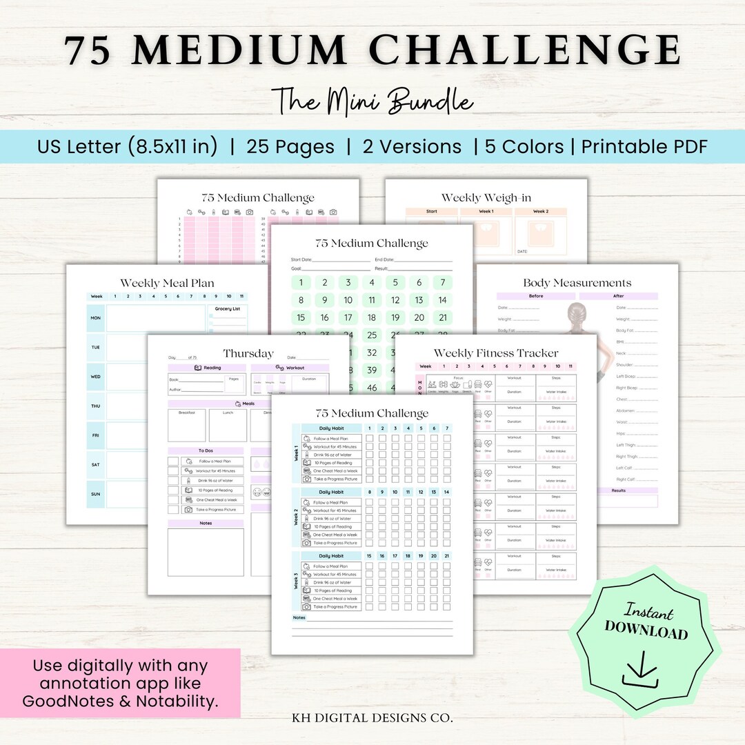75 Medium Challenge Printable 75 Medium Challenge Bundle Workout Plan ...