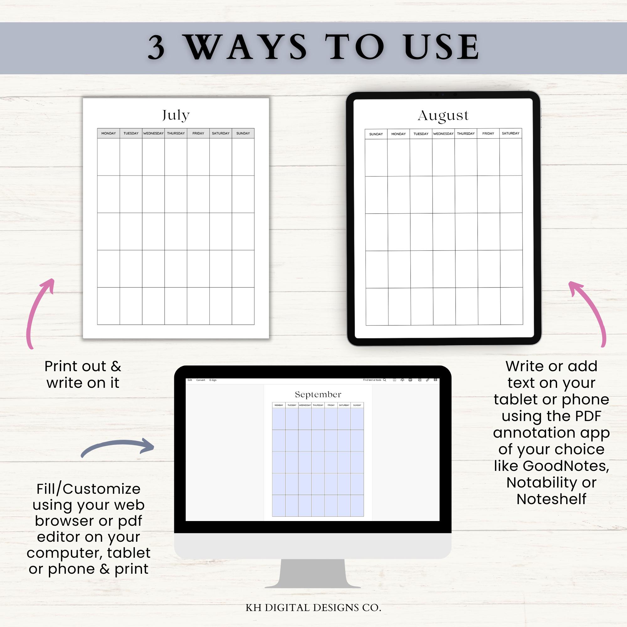 Editable Undated Monthly Calendar 12 Month Calendar Template Yearly ...