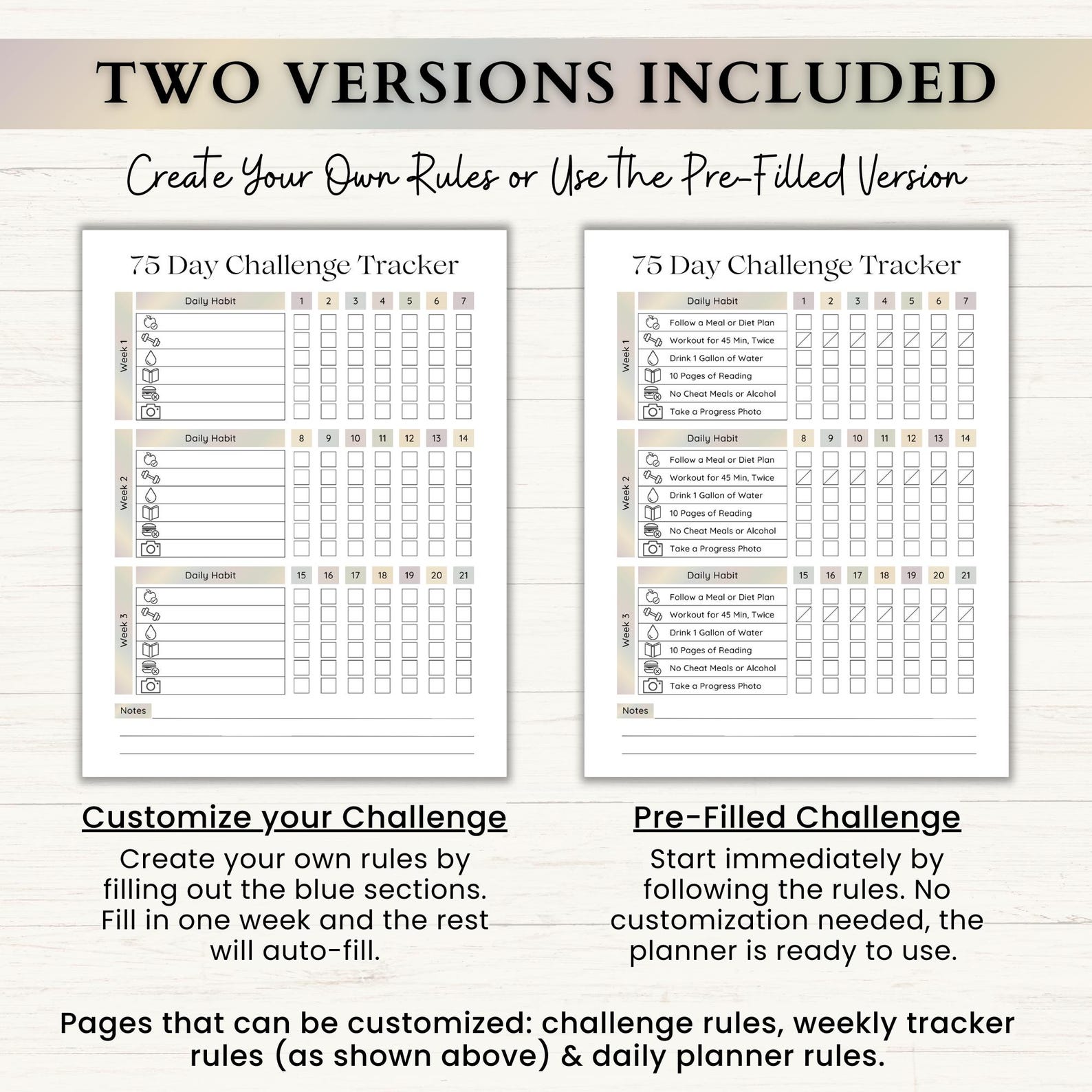 Editable 75 Day Challenge Planner | 75 Soft Challenge Checklist | 75 ...