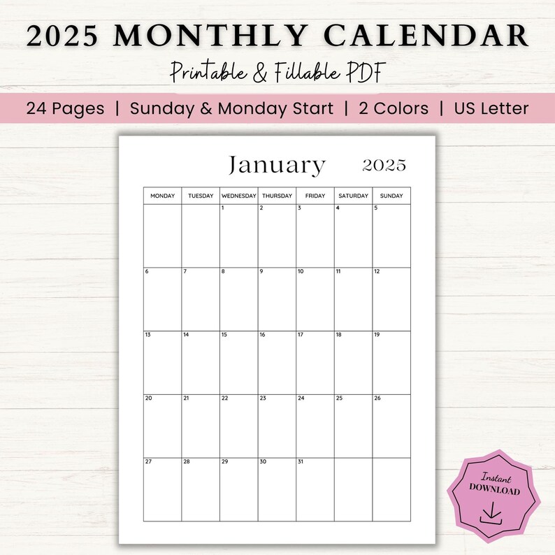 Editable 2025 Monthly Calendar | Dated 12 Month Planner Printable ...