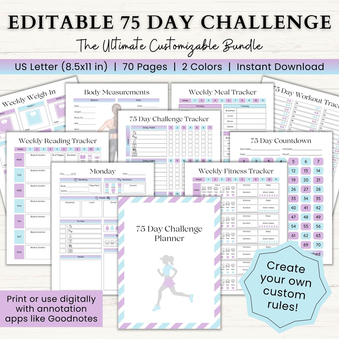 Editable 75 Day Challenge Planner | 75 Soft Printable | 75 Medium ...
