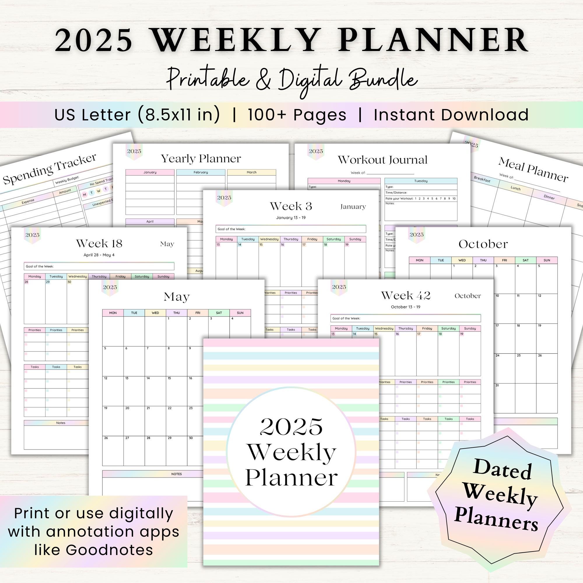 2025 Dated Weekly Planner Printable Adhd Digital Planner Week on One ...
