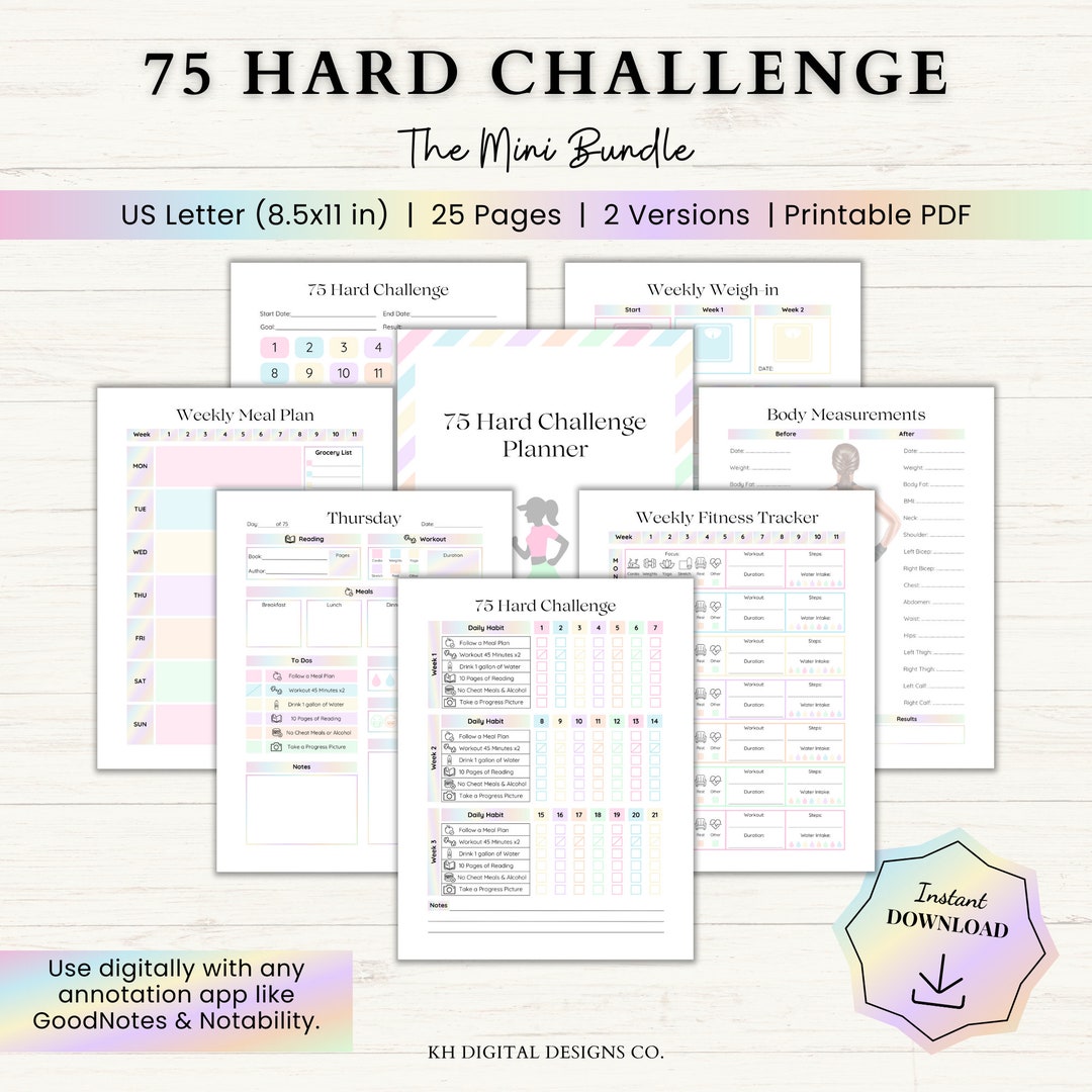 75 Hard Challenge Printable Workout Plan 75 Hard Tracker 75 Day ...