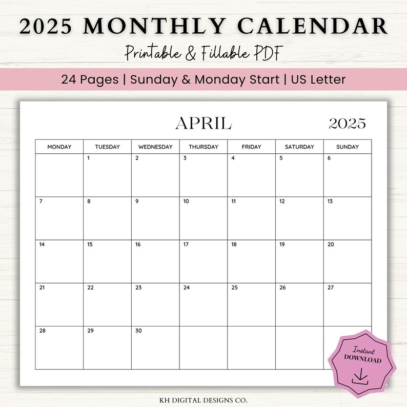 Editable 2025 Monthly Calendar | One Page Monthly Planner | Dated 12 ...