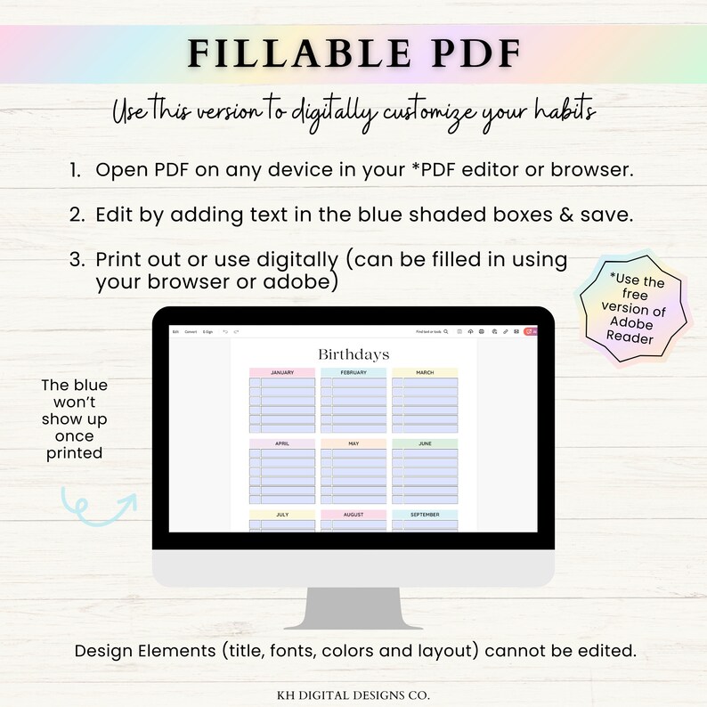 Birthday Calendar Template Printable Birthday Planner Fillable Birthday ...