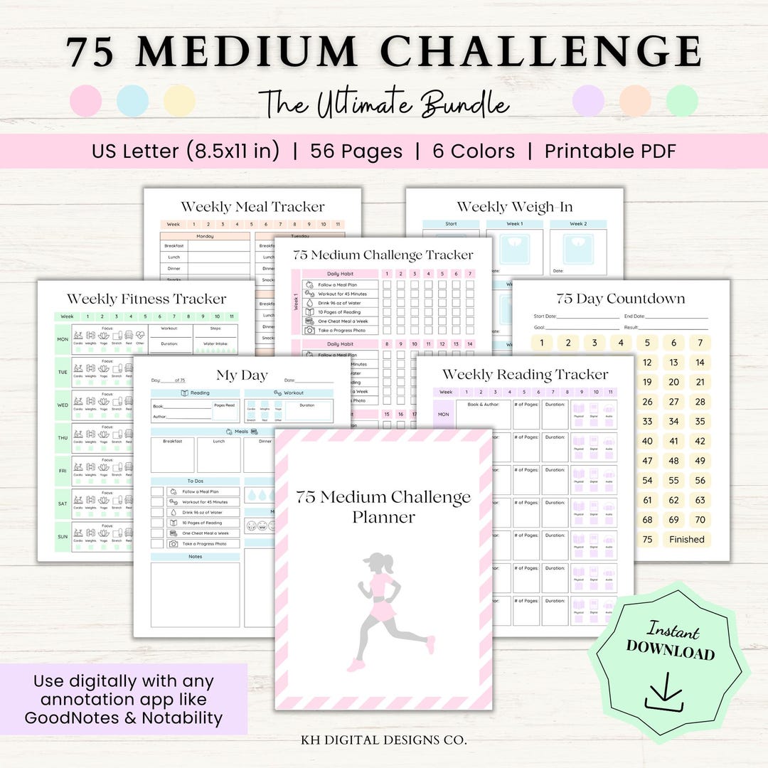 75 Medium Challenge Printable Planner | 75 Day Tracker Template ...