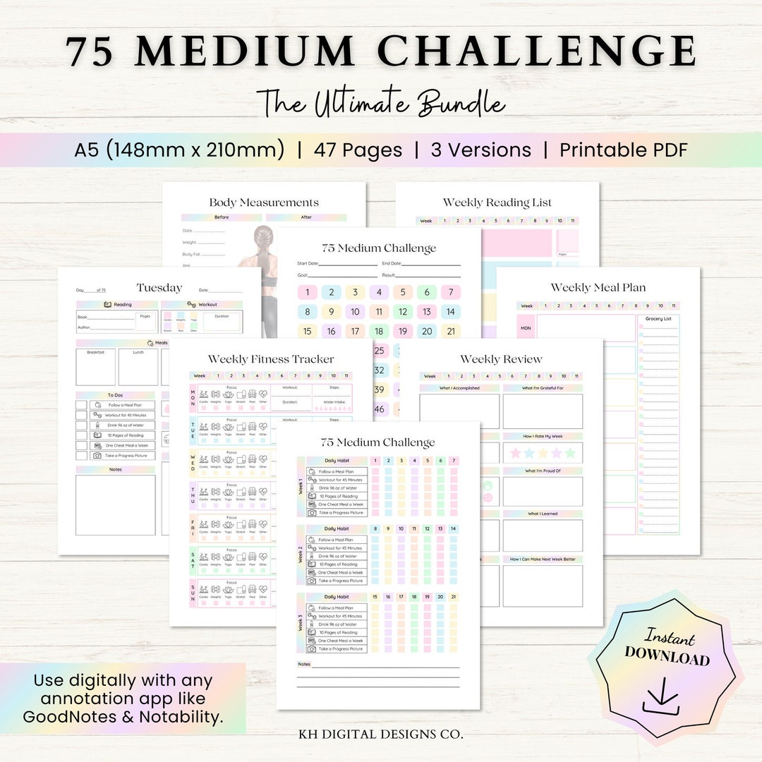 75 Medium Challenge Printable A5 75 Medium Challenge Bundle A5 Workout ...