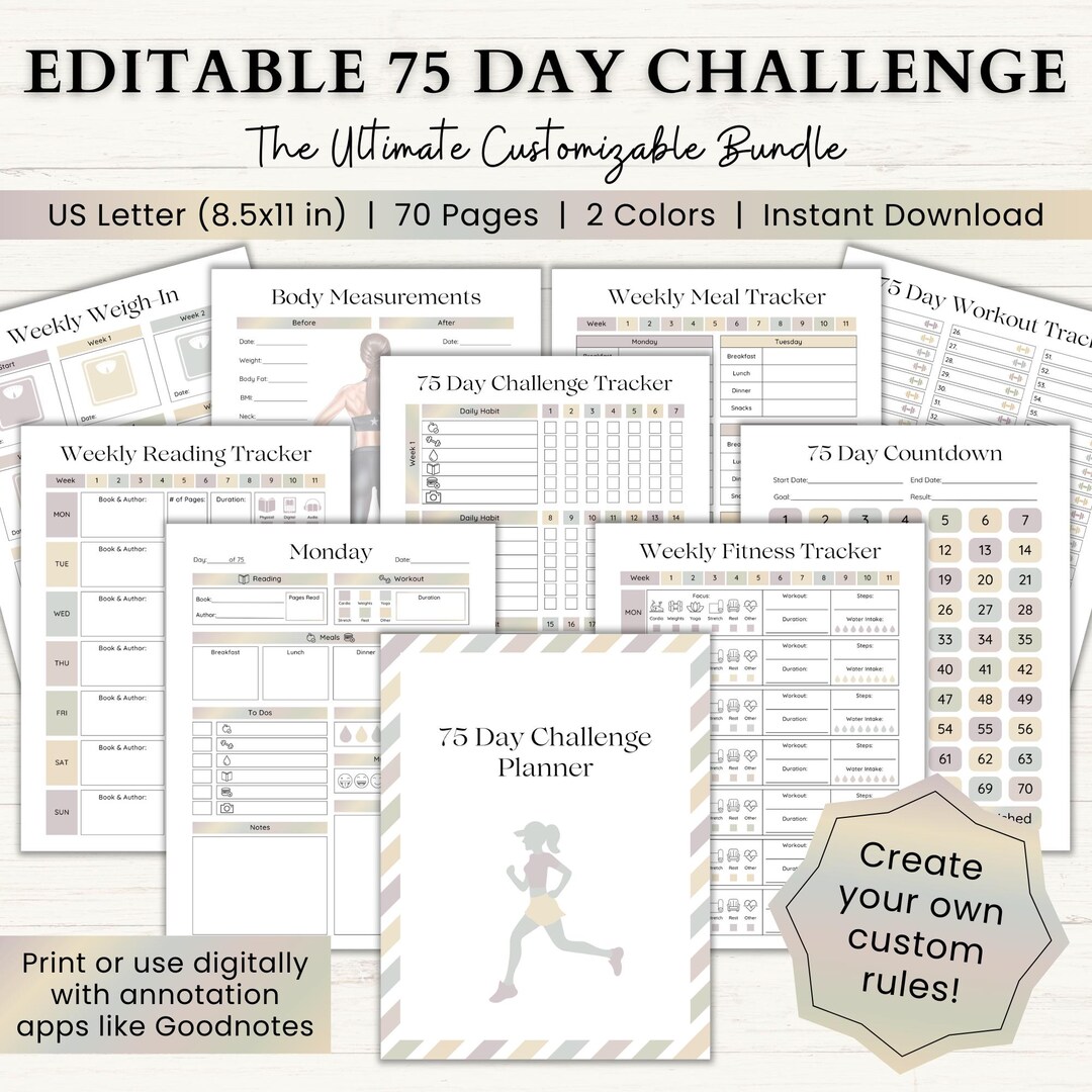 Editable 75 Day Challenge Planner | 75 Soft Challenge Checklist | 75 ...