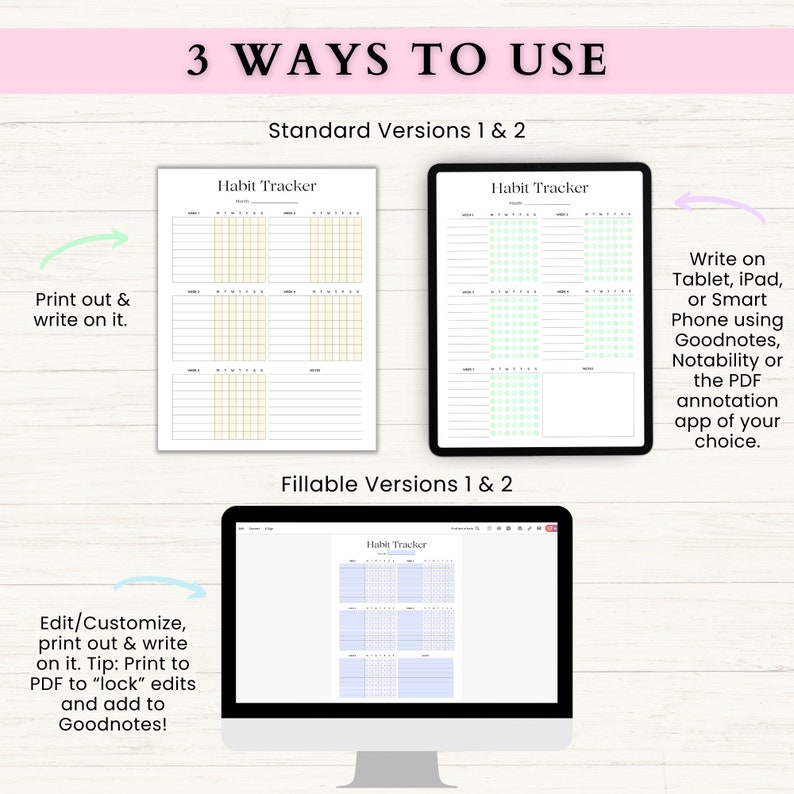 Monthly Habit Tracker Printable Vertical | Fillable Weekly Habit Tracker | Digital Habit Tracker ...