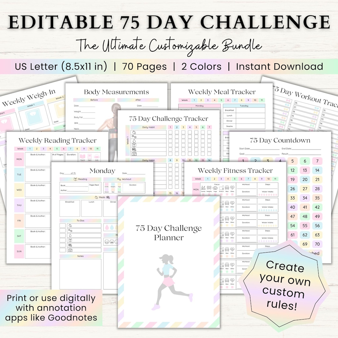 Editable 75 Day Challenge Planner | 75 Soft Challenge Template ...