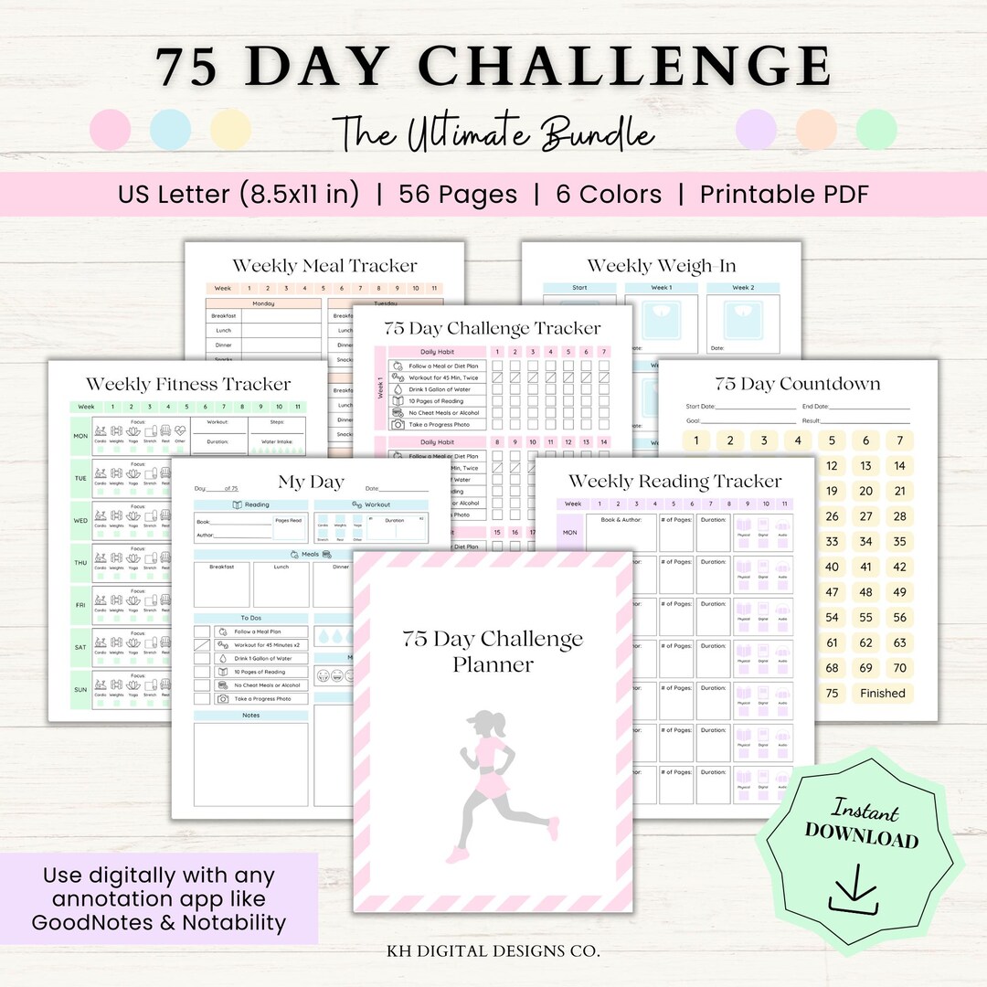 75 Day Challenge Printable Planner | 75 Day Tracker Template | Fitness ...