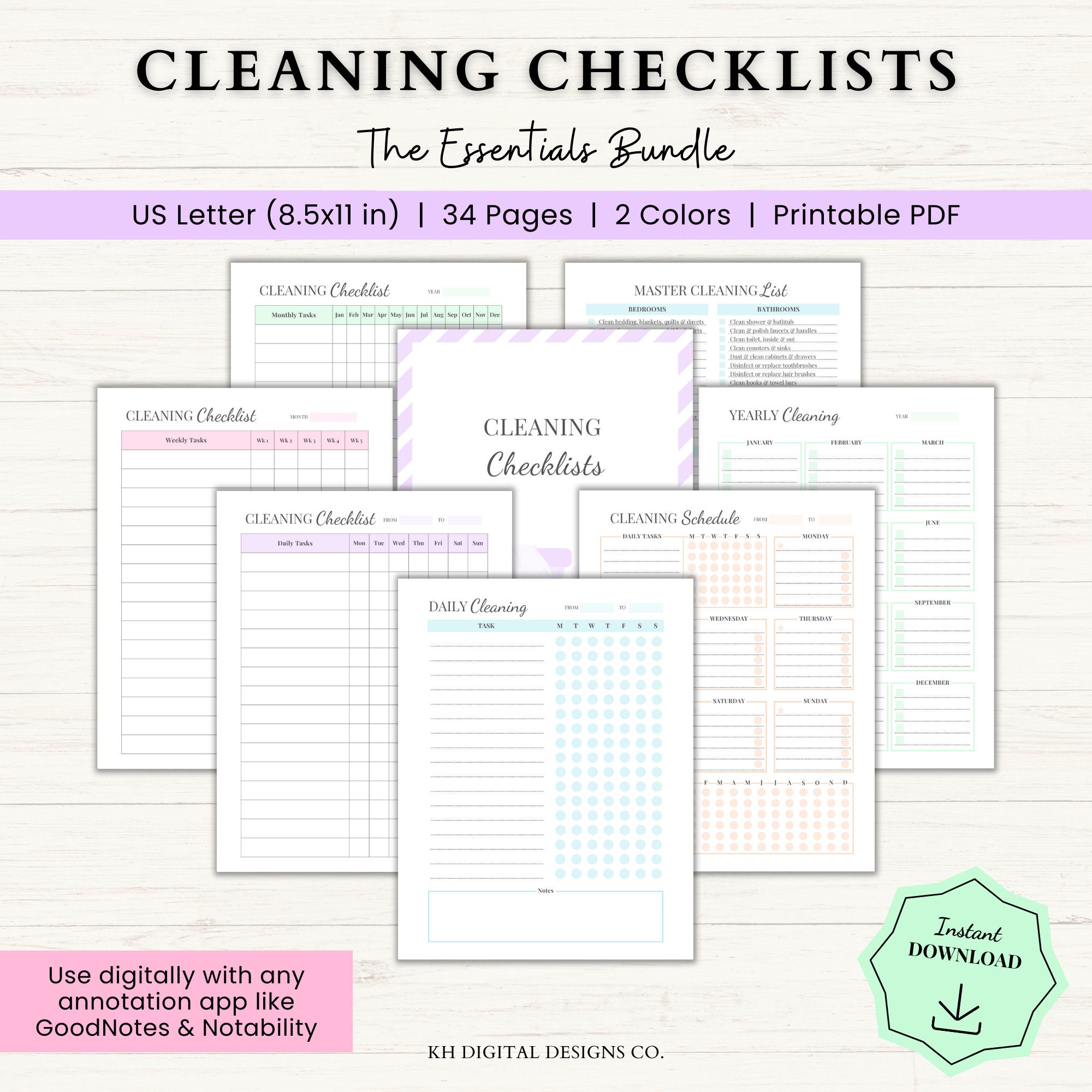 Cleaning Checklists Printable Bundle House Cleaning Planner Weekly ...