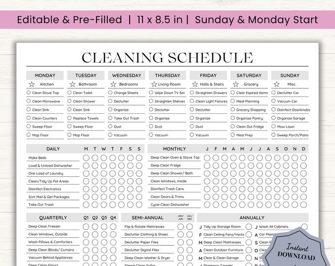 Editable Cleaning Schedule | Adult Chore Chart | Cleaning Planner ...