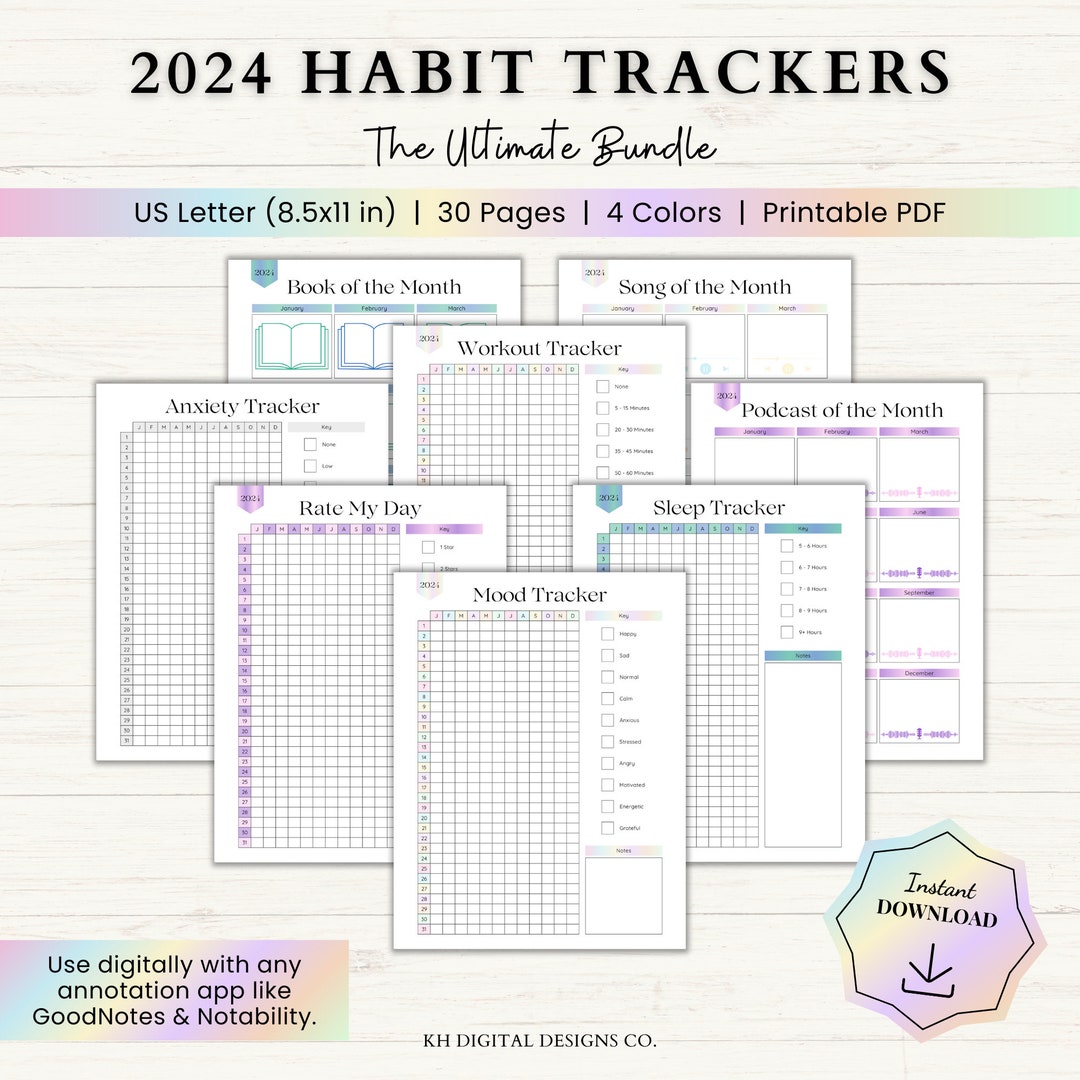 2024 Yearly Habit Tracker Printable Bundle Mood Tracker Reading Tracker ...