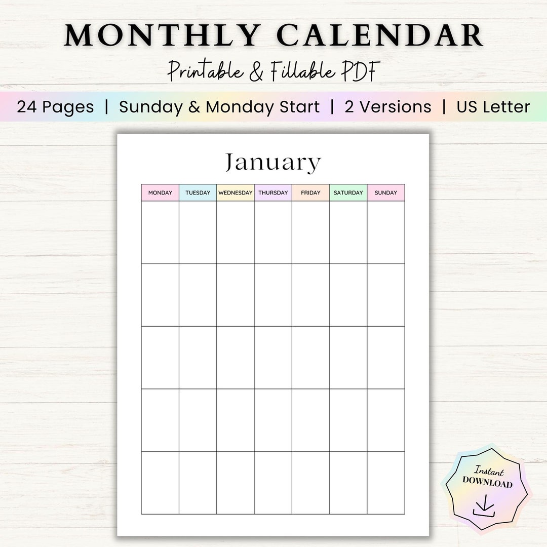 Editable Undated Monthly Calendar | Blank Perpetual Yearly Calendar ...