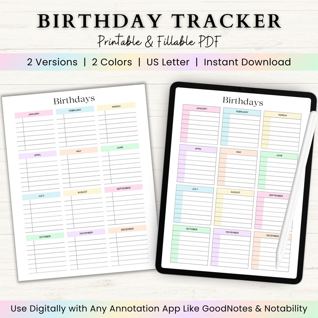 Birthday Tracker Printable Template | Editable Birthday Calendar ...