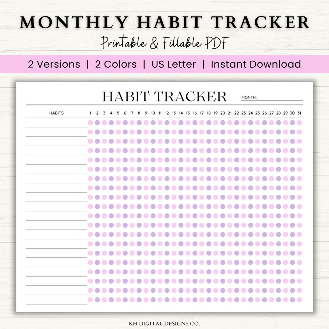 Monthly Habit Tracker Printable Landscape Horizontal Habit Tracker No ...
