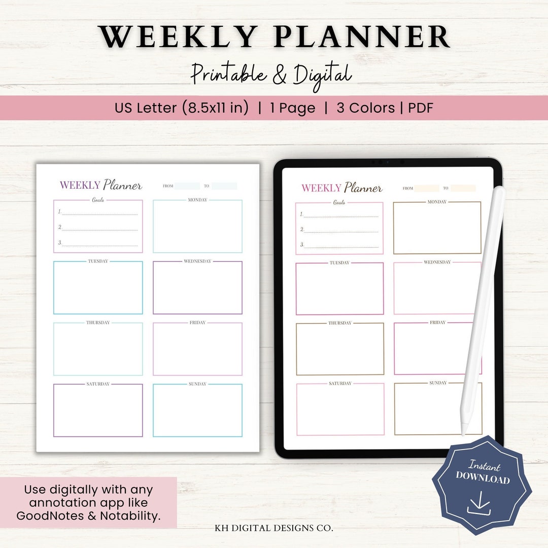 Undated Weekly Planner Printable | Week at a Glance | Minimal Weekly ...
