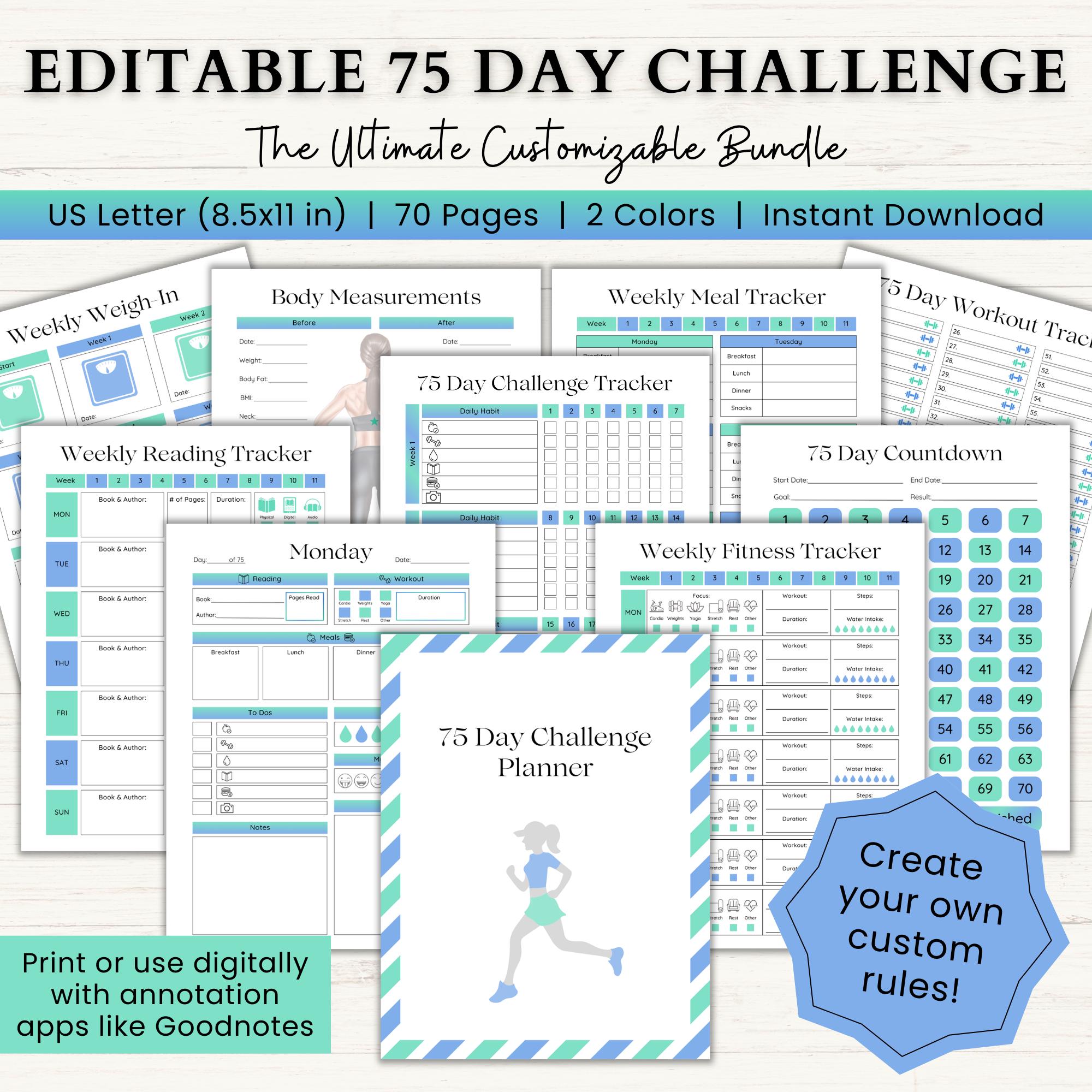 Editable 75 Day Challenge Planner | 75 Soft Printable | 75 Medium ...