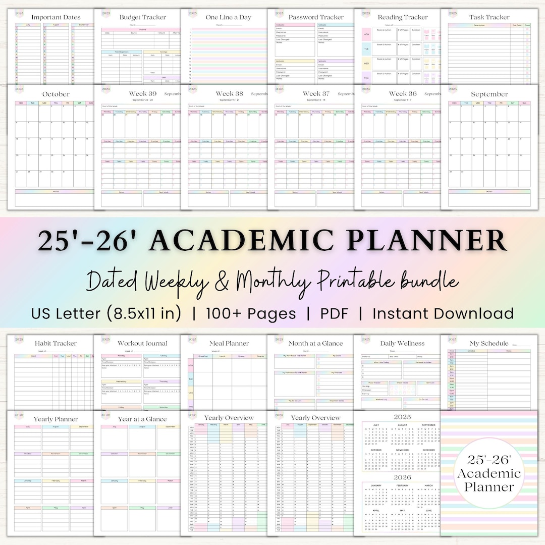 2025-2026 Academic Planner | Weekly Dated Planner | Academic Calendar ...