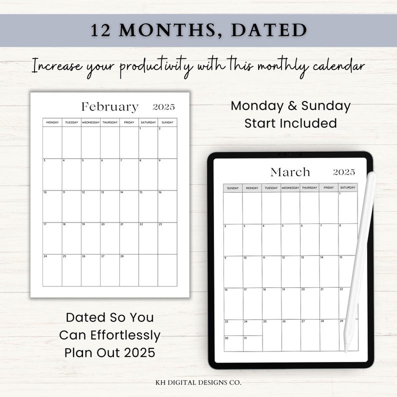 Editable 2025 Monthly Calendar | Dated 12 Month Planner Printable ...