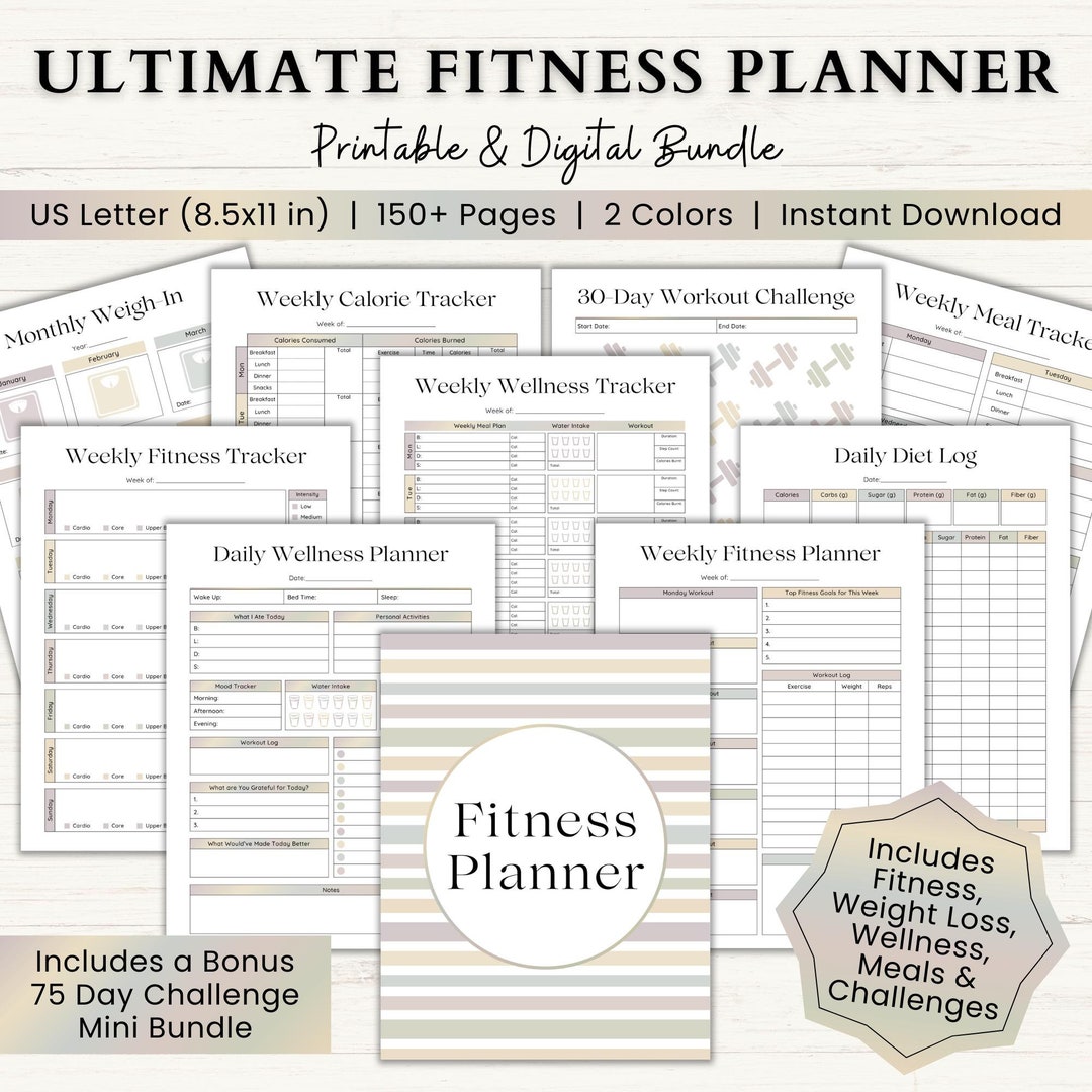 Fitness Planner Bundle Printable | Weight Loss Calorie Tracker | Food ...