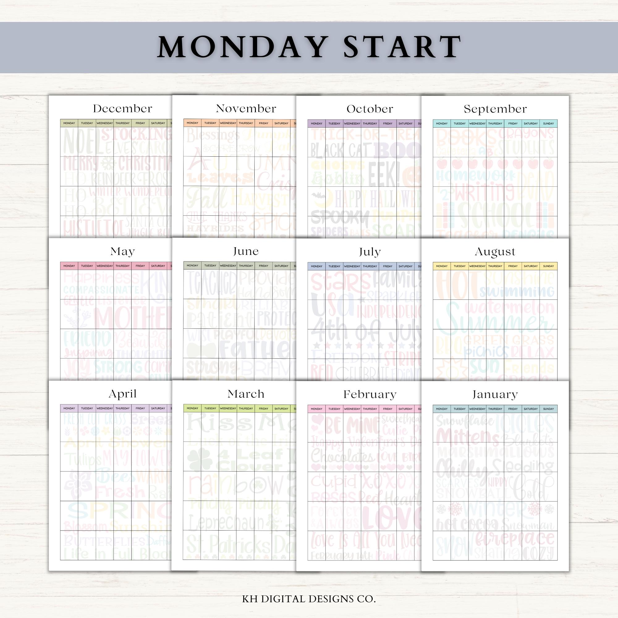 Editable Undated Monthly Calendar | Seasonal Holiday Themed Perpetual ...