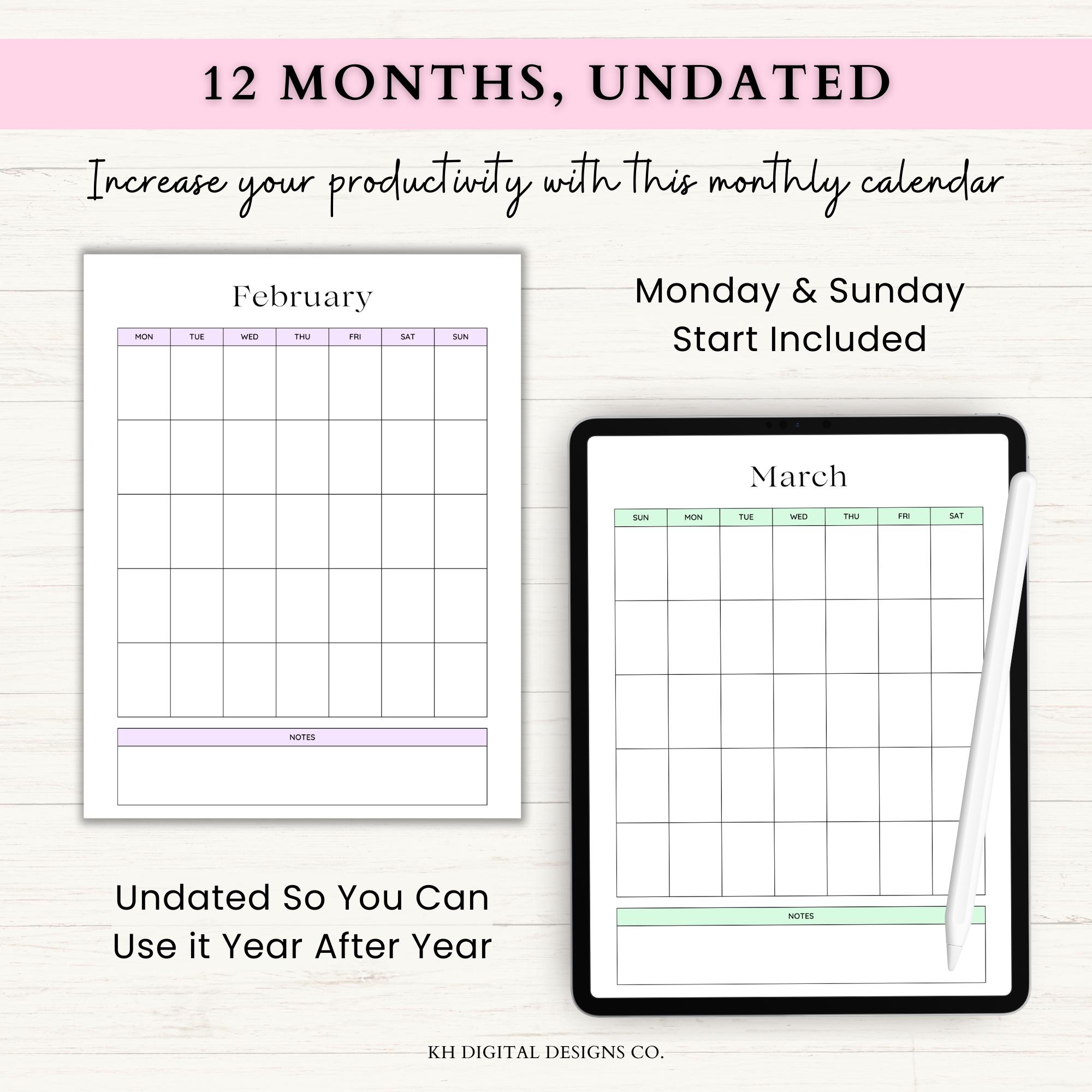 Editable Undated Monthly Calendar | Perpetual Calendar Template | 12 ...