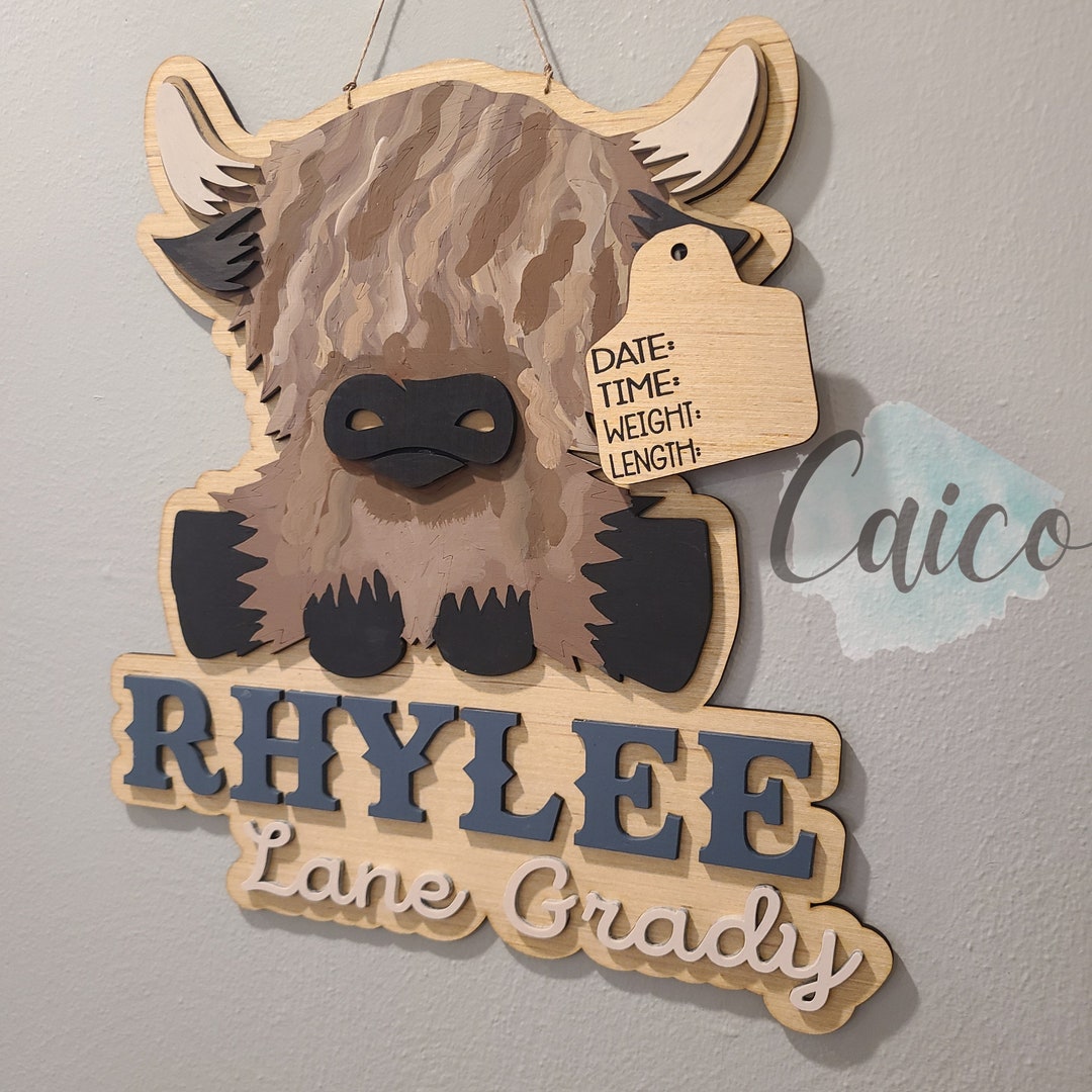 Baby Highland Cow Hospital Door Hanger / Baby Name Stat Sign / Newborn ...
