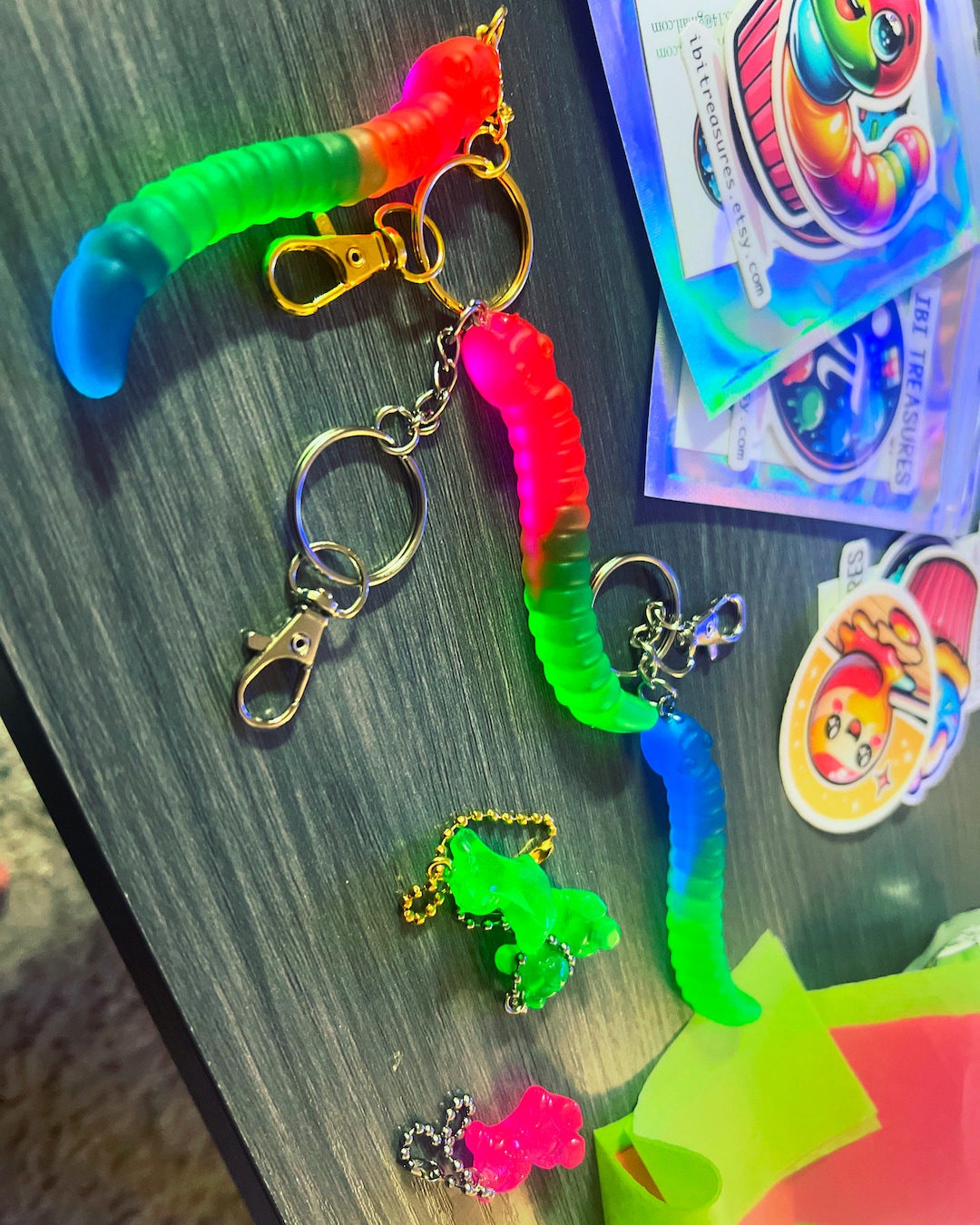 Gummy Worms Keychain | Neon Keychains | Blue | Pink | Green Keychain ...