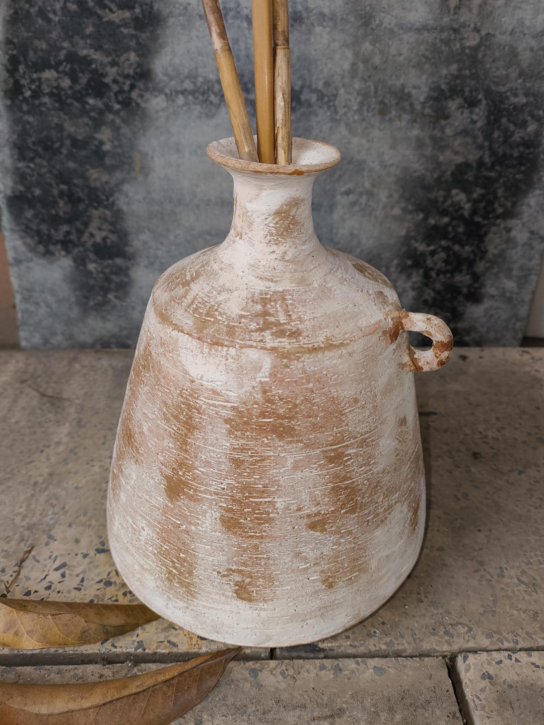 Whitewashed Terracotta Jug - Aged Clay Pot With Handle - Rustic Boho ...