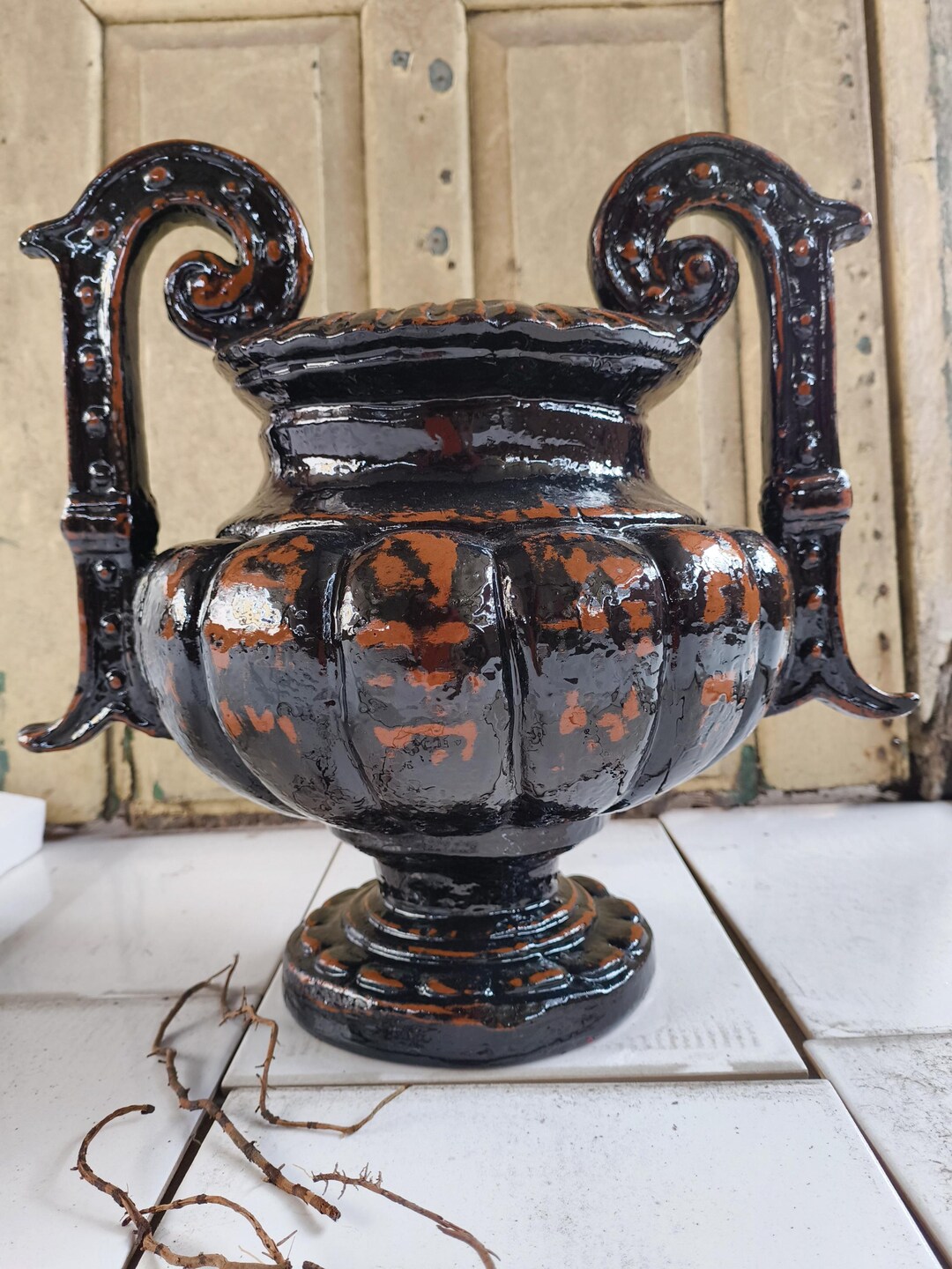 French Enameled Urn - Dark Brown Clay Vessel, Vintage Handcrafted ...