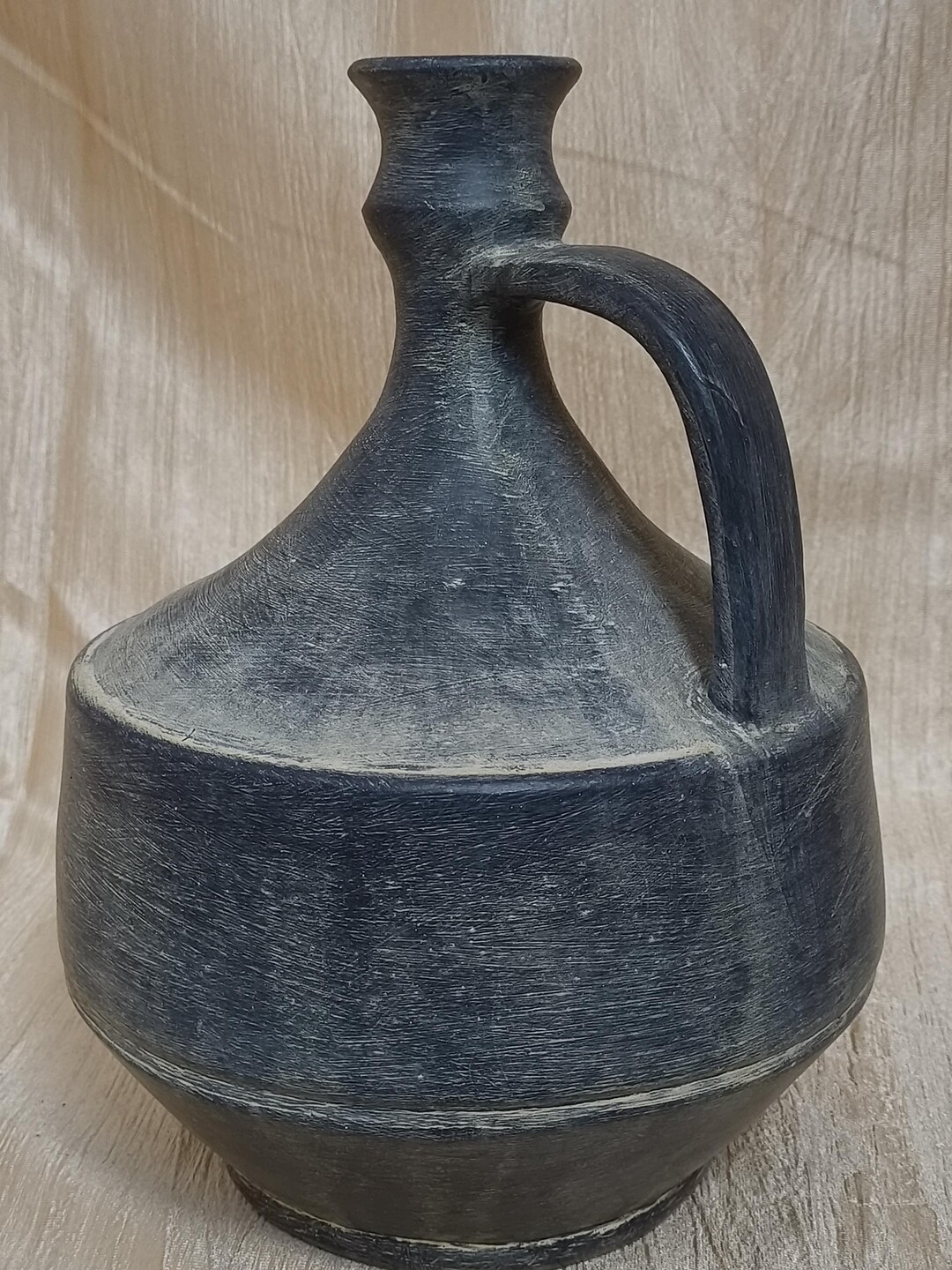 Wide Rounded Clay Vessel, Tall Flared Neck Pottery, Single Handle Clay ...