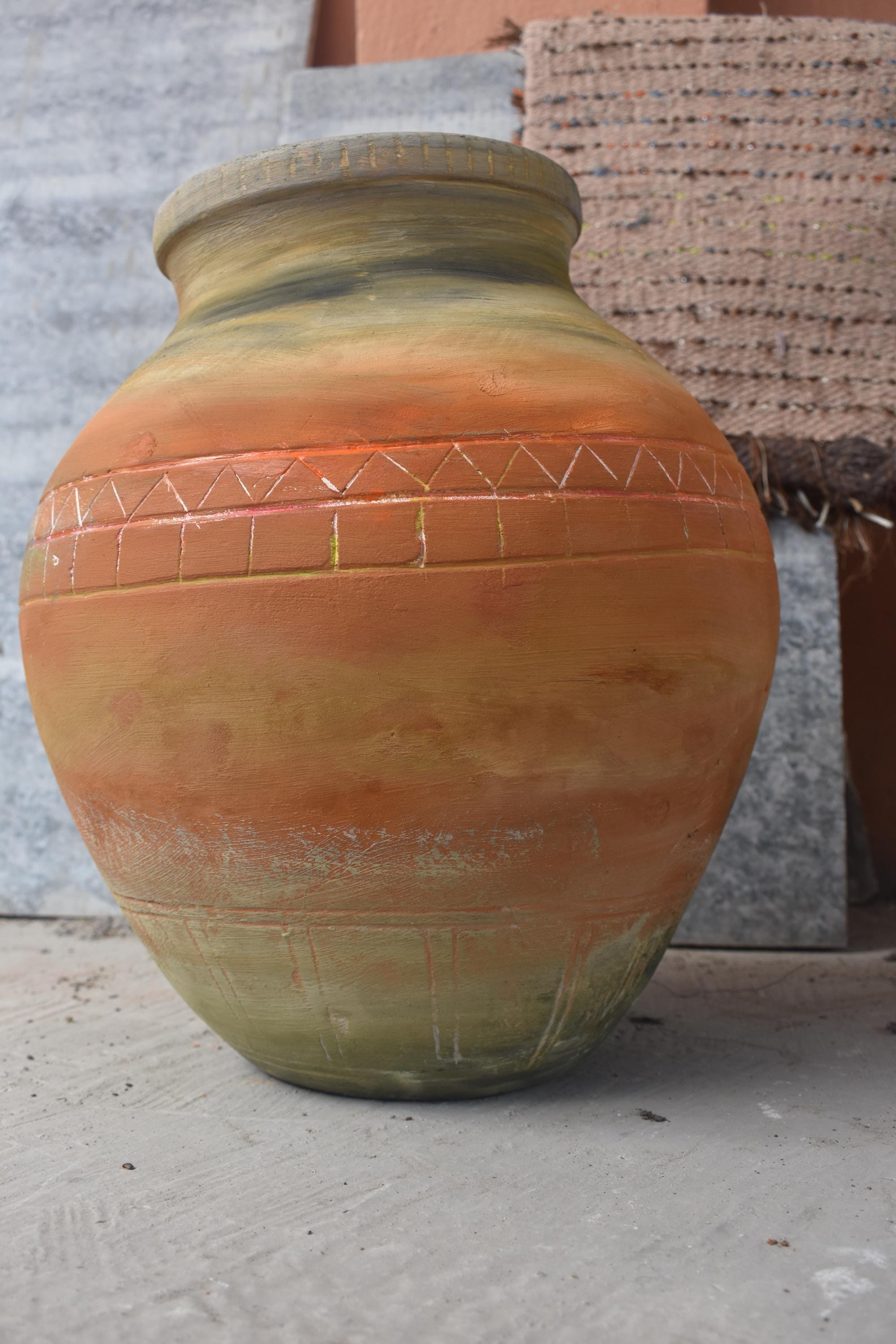 Carved Terracotta Matka Vase, Brown Olive Wabi Sabi Pottery, Rustic ...