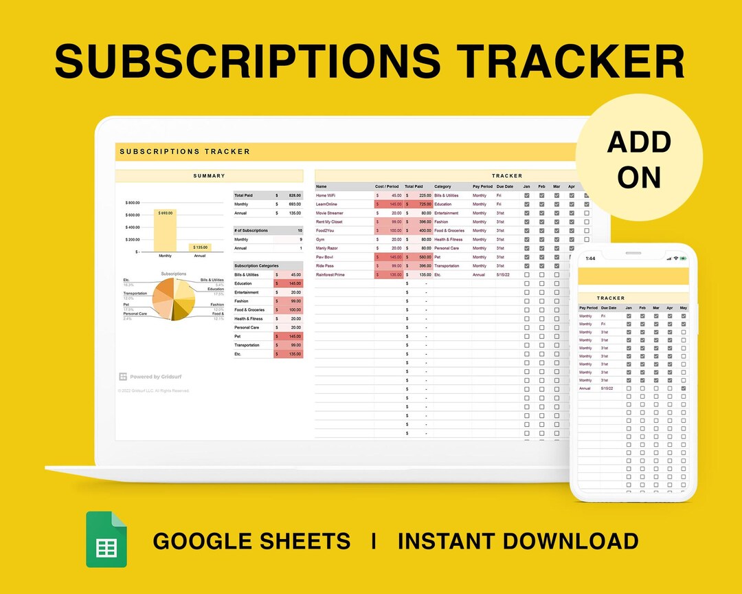 Subscriptions Tracker Google Sheets - Etsy