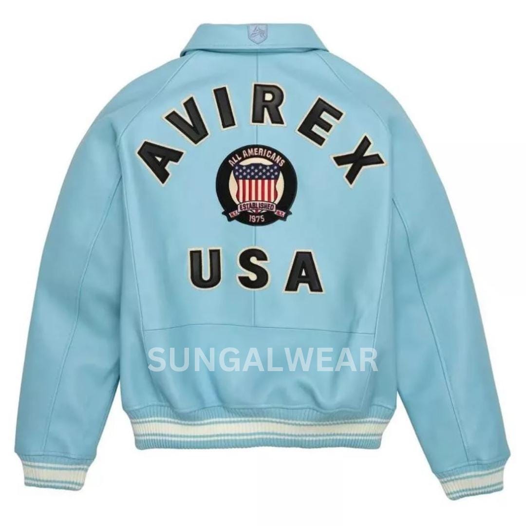 Hand-stitched Men's Avirex Leather Jacket Iconic Jacket Light Blue ...