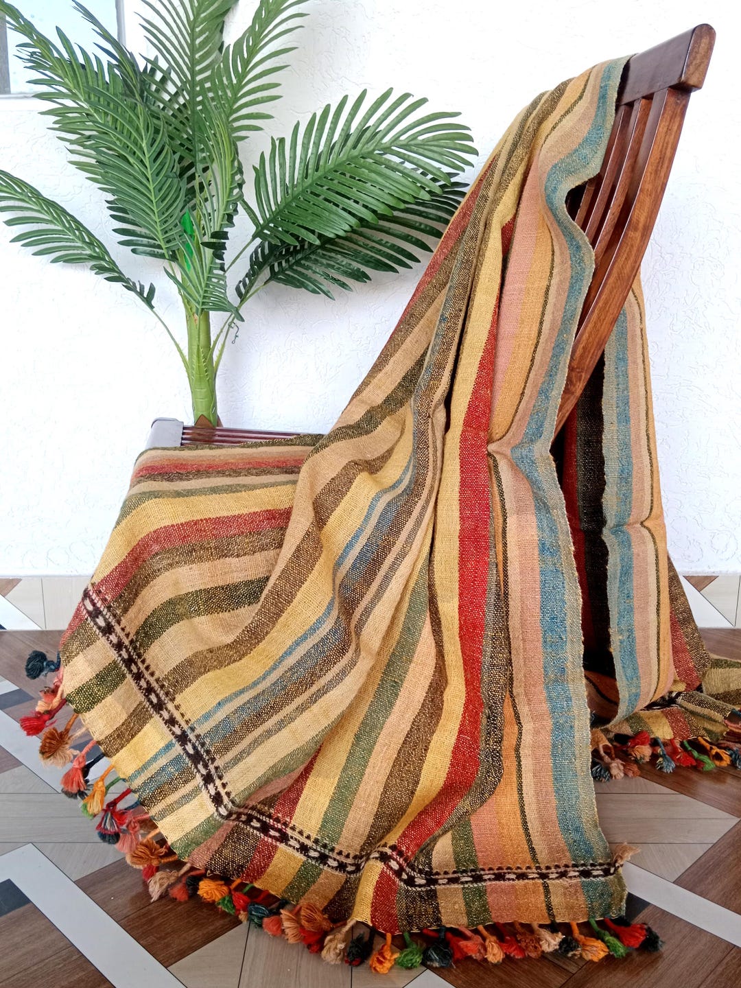 Handmade Bhujodi Wool Throw Blanket | Striped Indian Throw With Pompoms ...